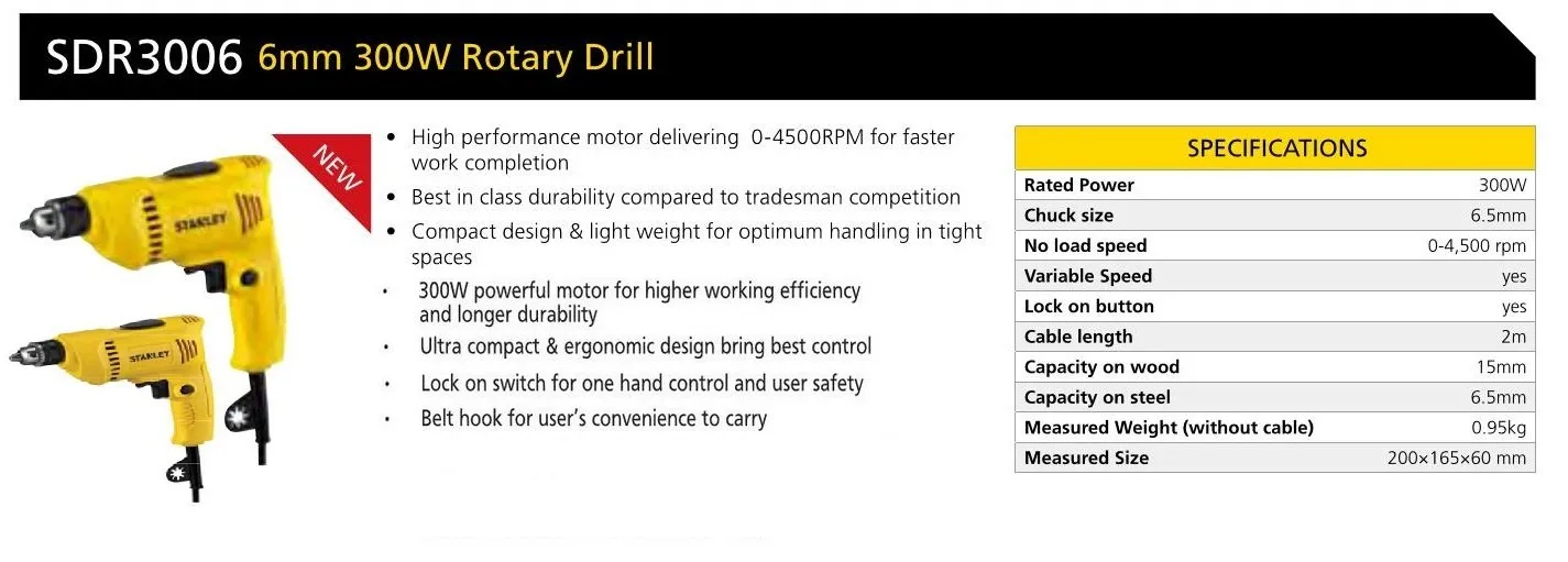 STANLEY 300W 6,5MM ROTARY DRILL (SDR3006-B5 ) – UDEMANDME