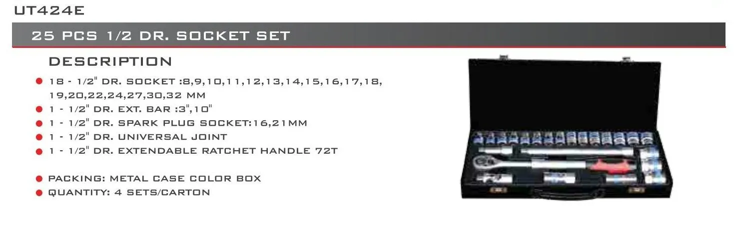 1/2 DR. SOCKET SET – 25 PCS. – (DR. SOCKET / EXTENSION BAR / SPARK PLUG SOCKET / UNIVERSAL JOINT ...
